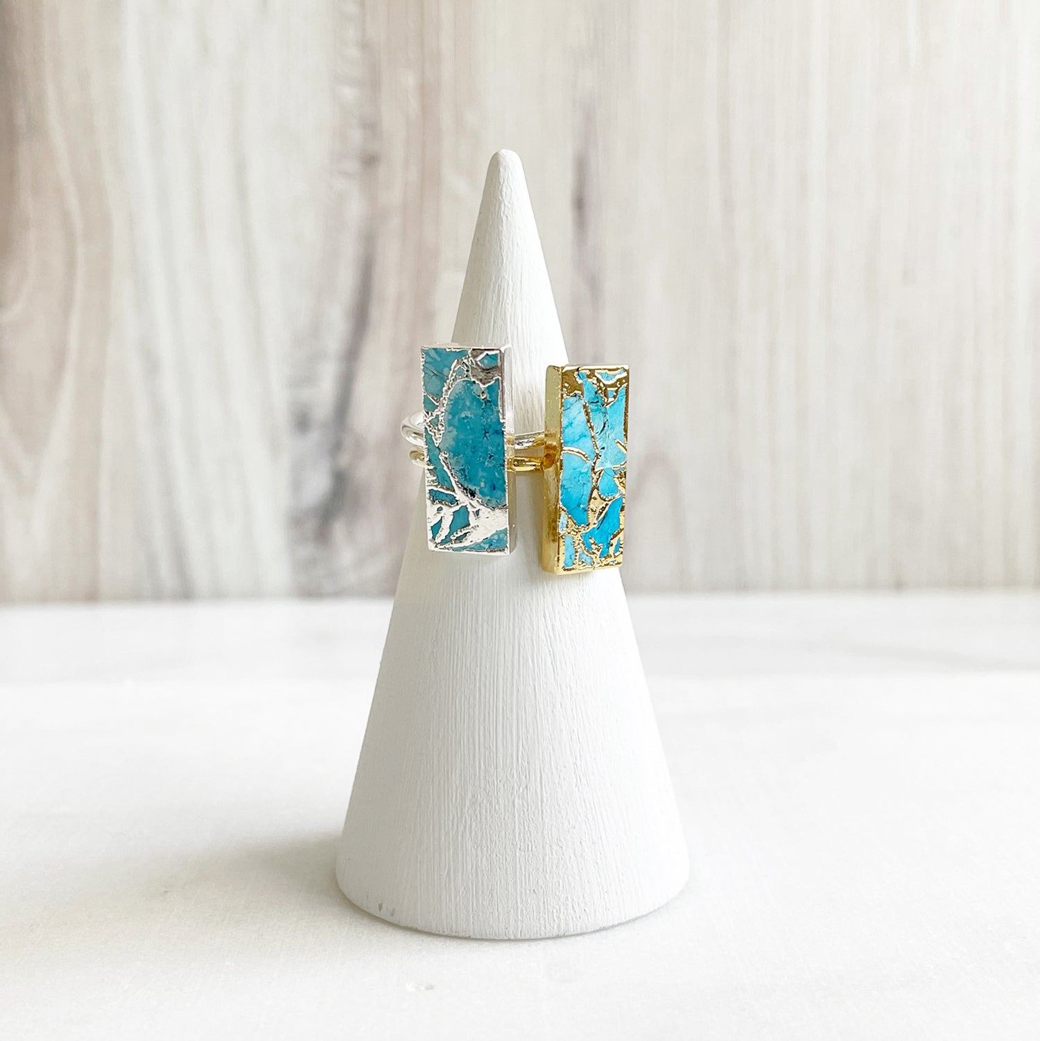 Blue Mojave Rectangle Statement Ring Stone Cocktail Gold Gemstone Ring ...